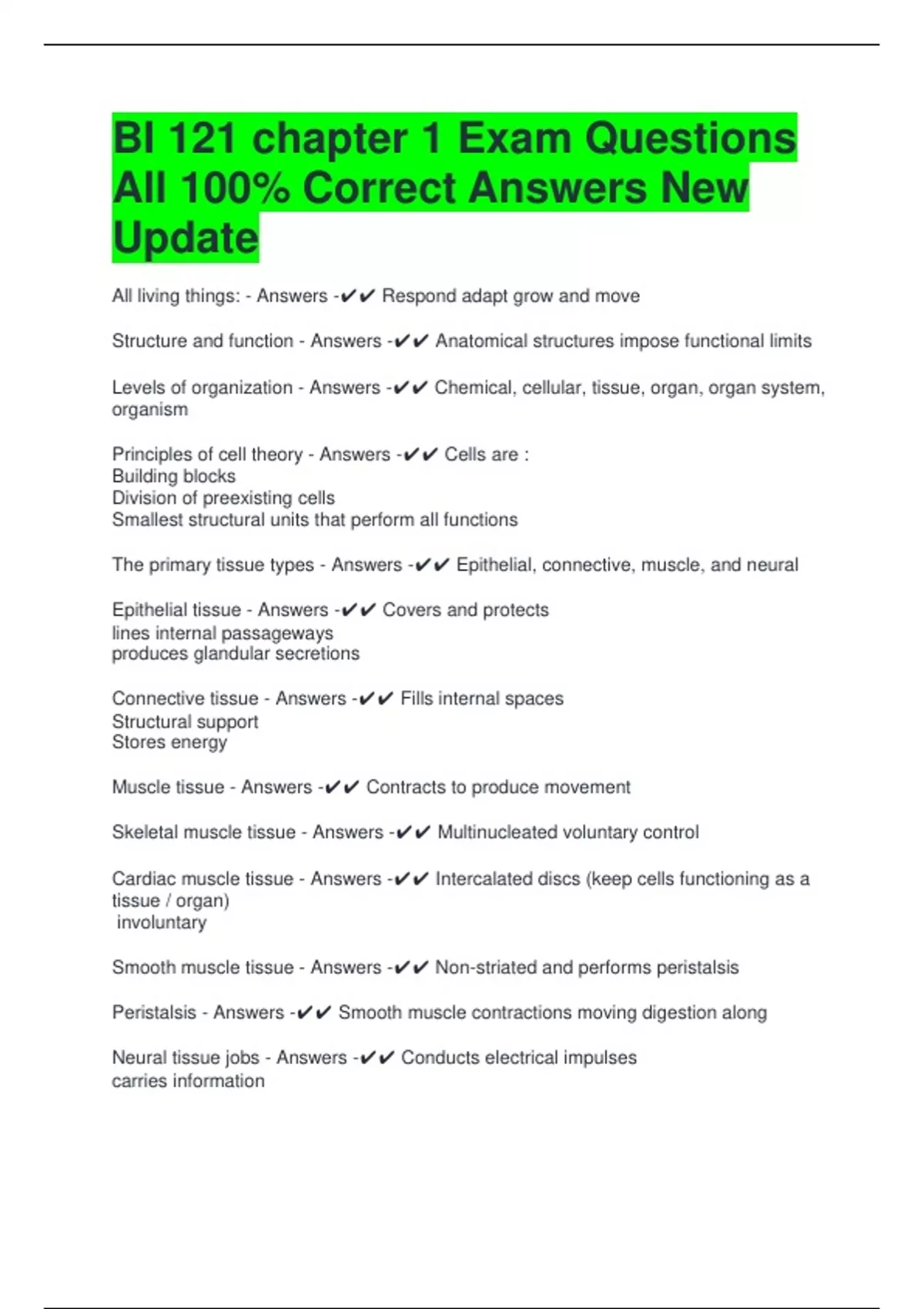 BI 121 chapter 1 Exam Questions All 100% Correct Answers New Update ...