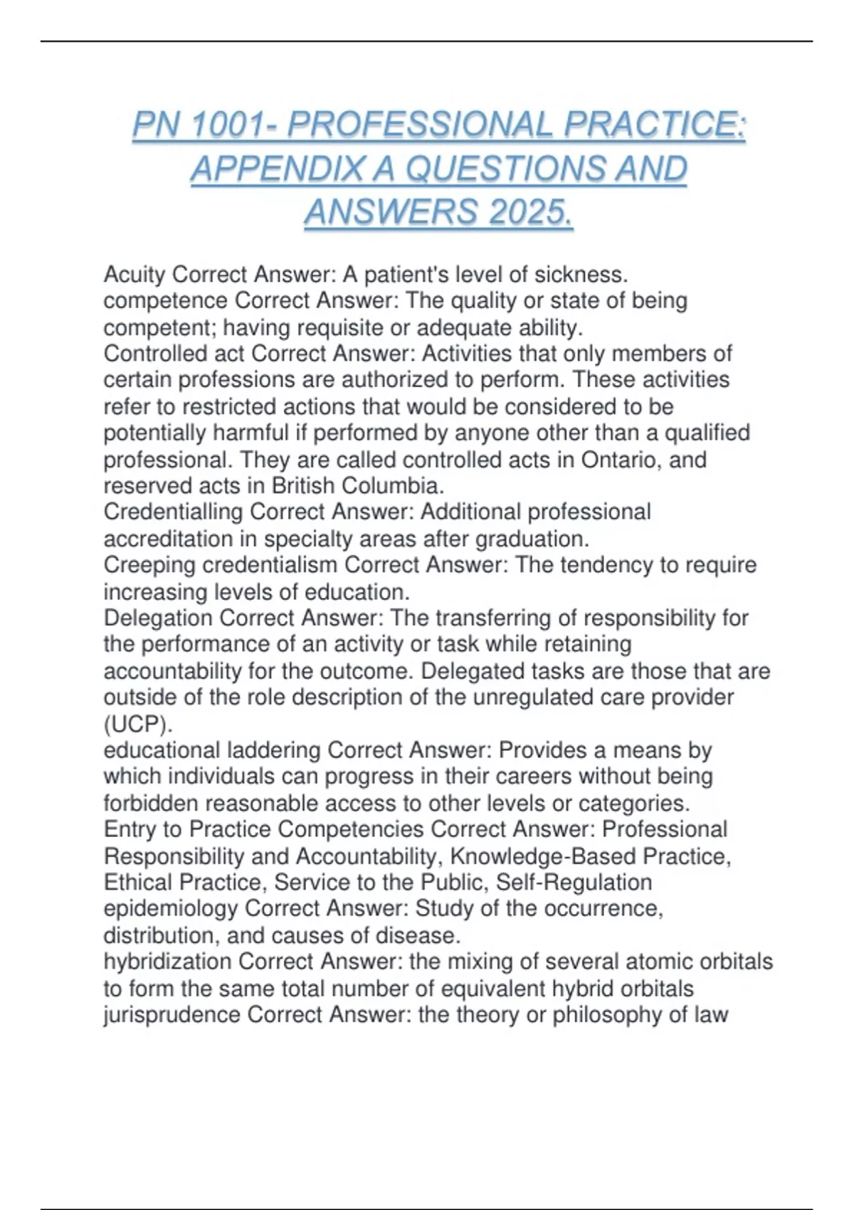 PN 1001- PROFESSIONAL PRACTICE: APPENDIX A QUESTIONS AND ANSWERS 2025 ...