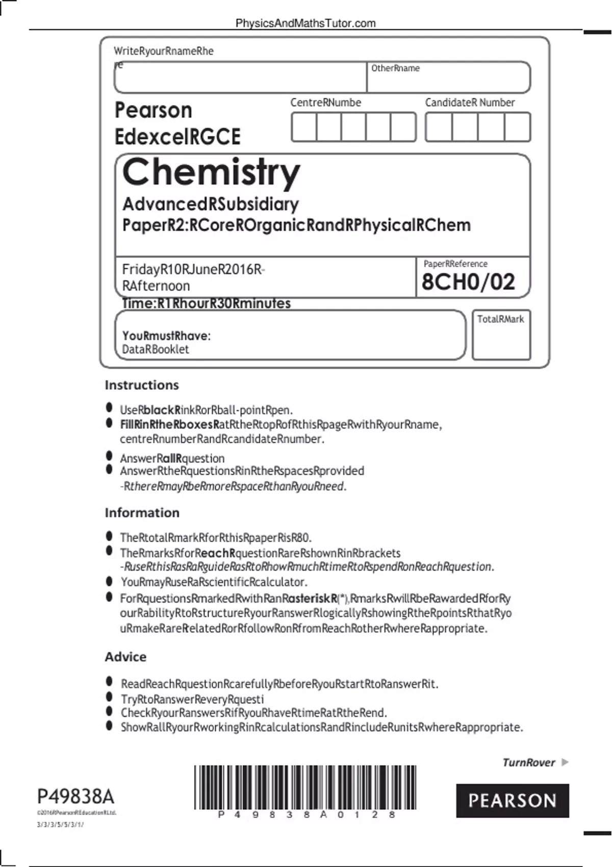 Pearson Edexcel GCE Chemistry Advanced Subsidiary Paper 2 Core Organic ...