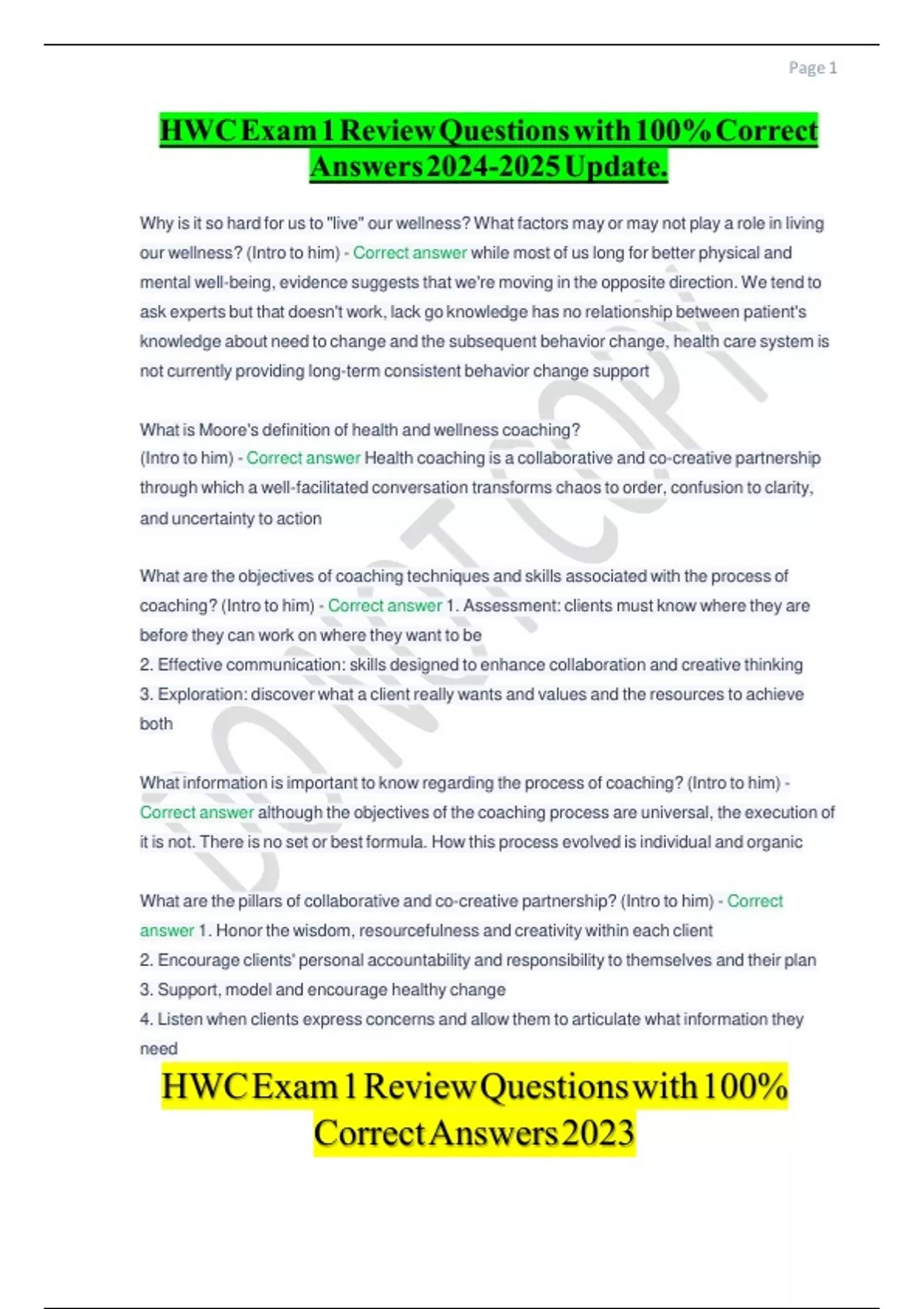 HWC Exam 1 Review Questions with 100% Correct Answers Update. - HWC ...
