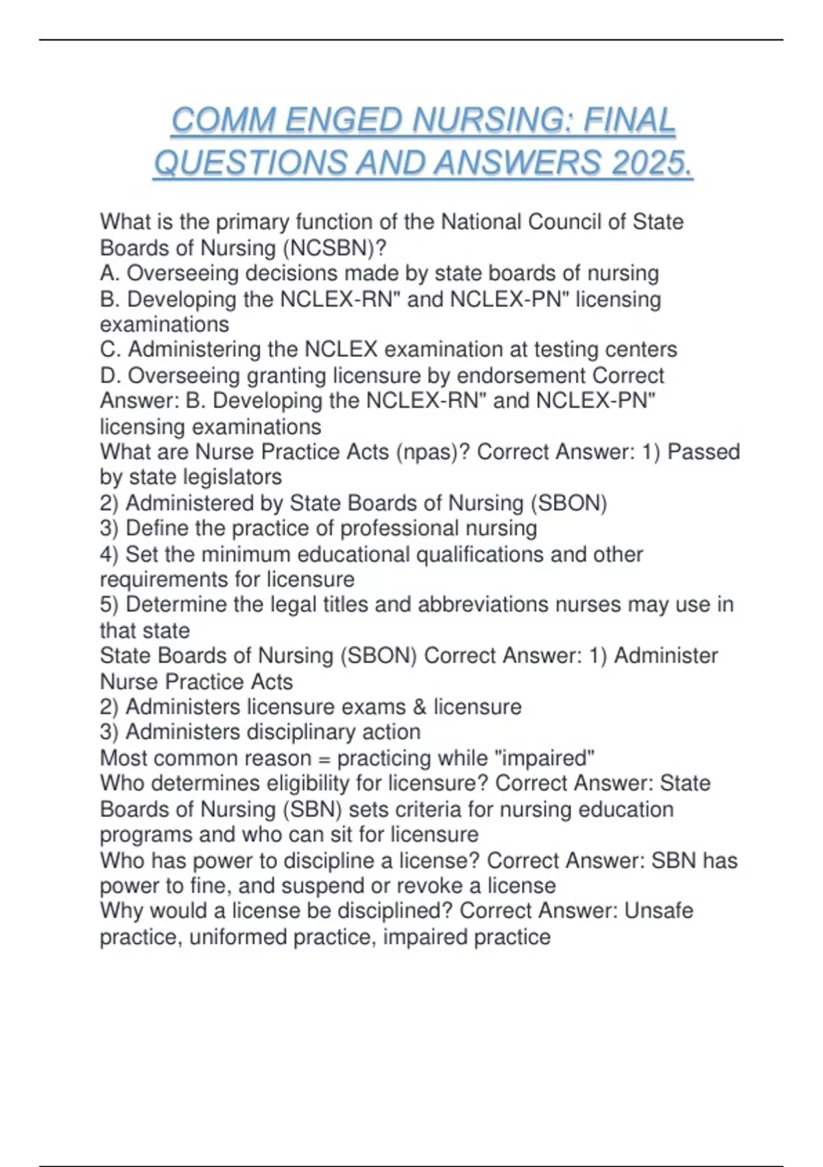 COMM ENGED NURSING: FINAL QUESTIONS AND ANSWERS 2025. - RNNCLEX - Stuvia US