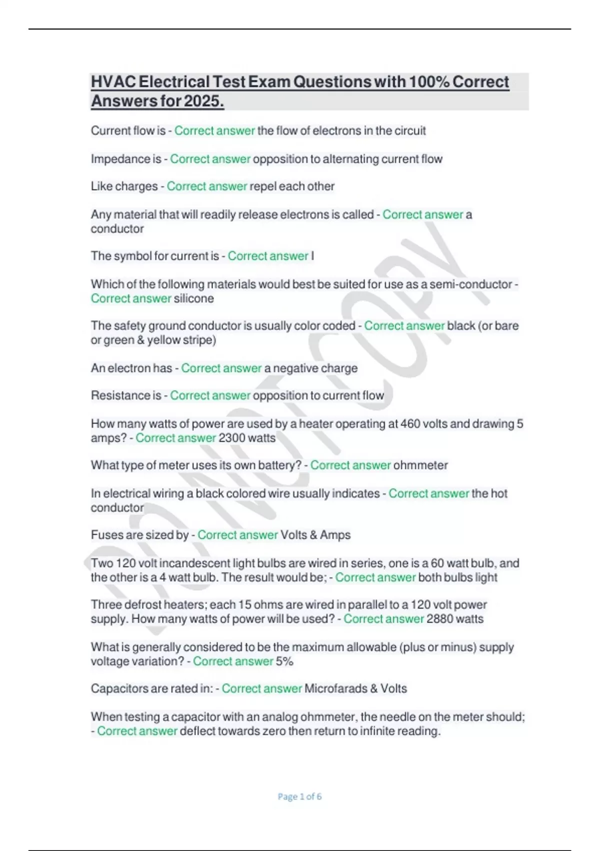 HVAC Electrical Test Exam Questions with 100% Correct Answers for 2025 ...