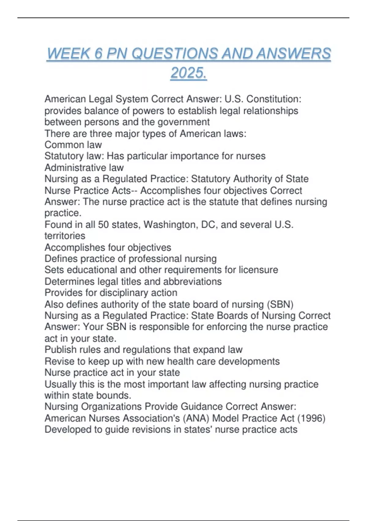 WEEK 6 PN QUESTIONS AND ANSWERS 2025. - RNNCLEX - Stuvia US