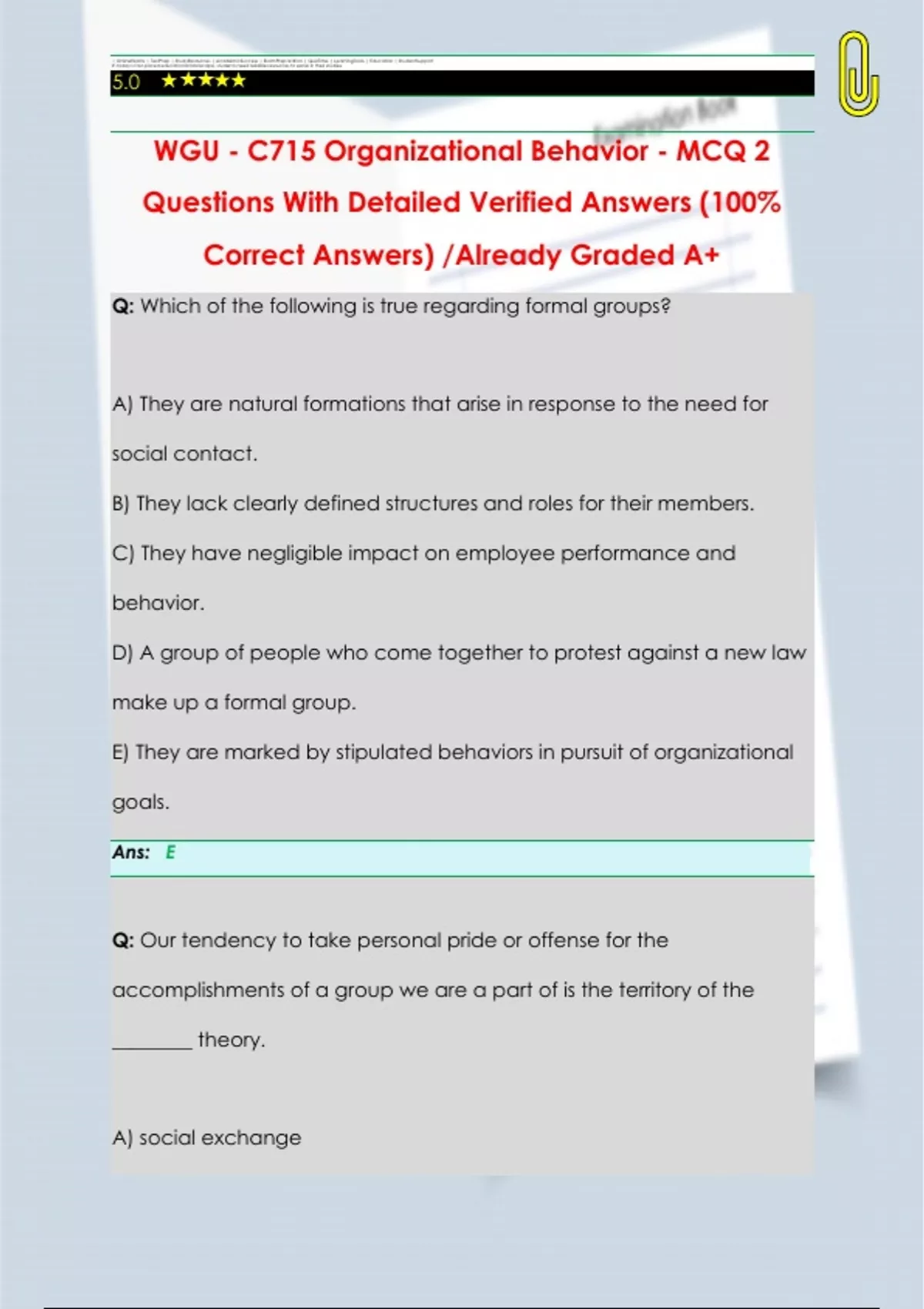 WGU - C715 Organizational Behavior - MCQ 2 Questions With Detailed ...