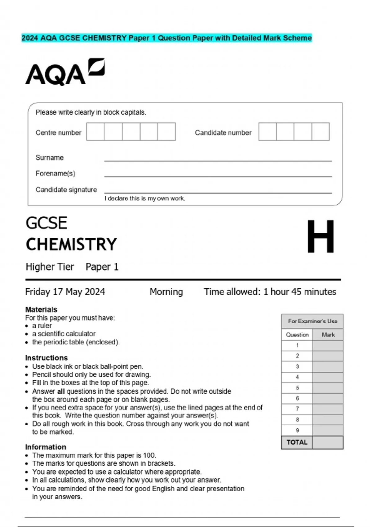 2024 AQA GCSE CHEMISTRY Paper 1 Question Paper with Detailed Mark ...