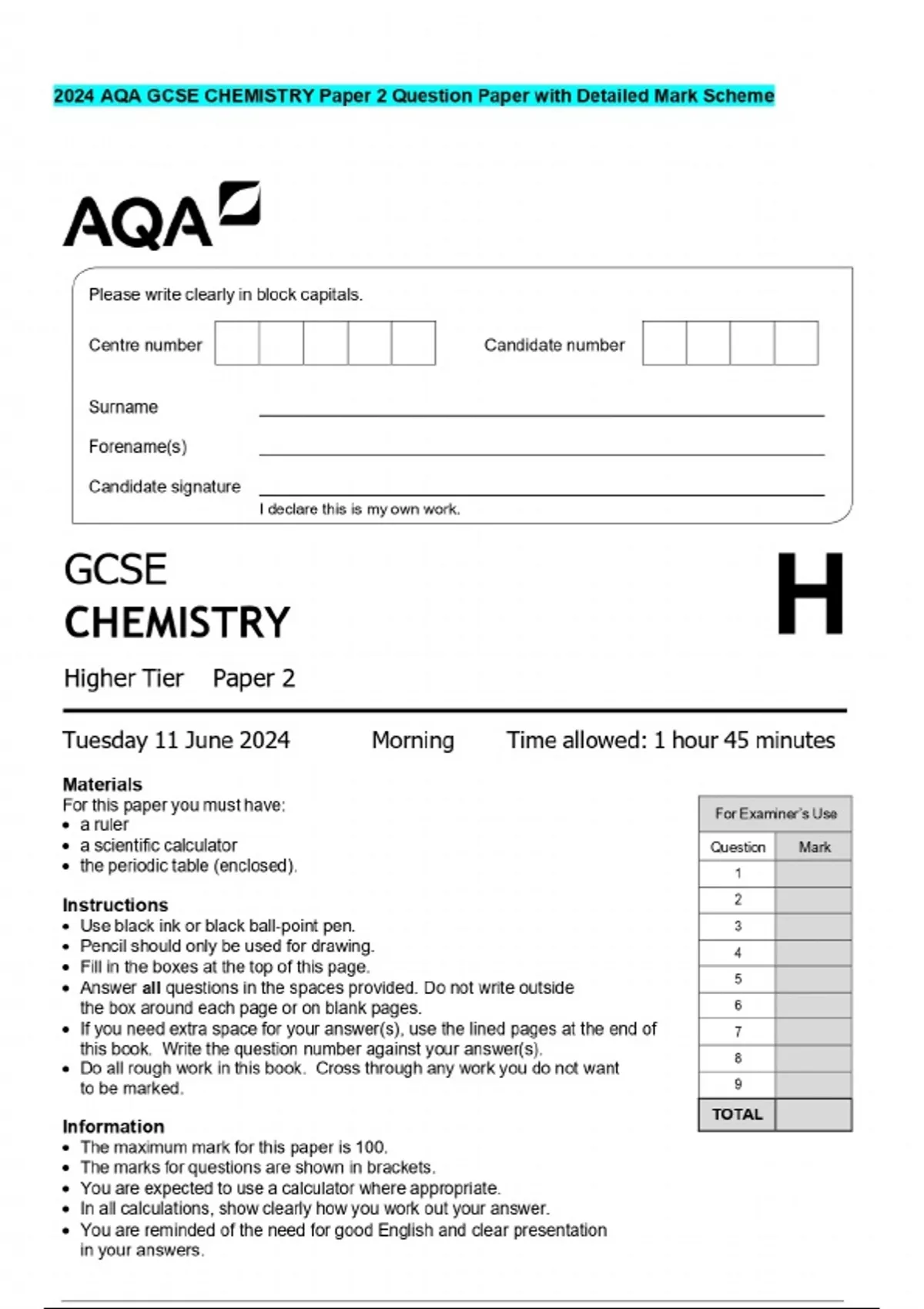 2024 AQA GCSE CHEMISTRY Paper 2 Question Paper with Detailed Mark ...