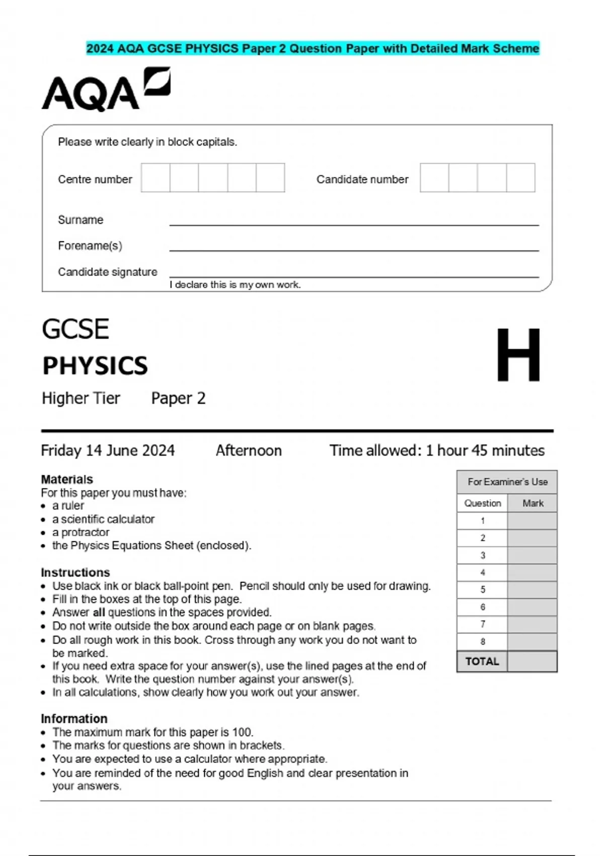 2024 AQA GCSE PHYSICS Paper 2 Question Paper with Detailed Mark Scheme ...