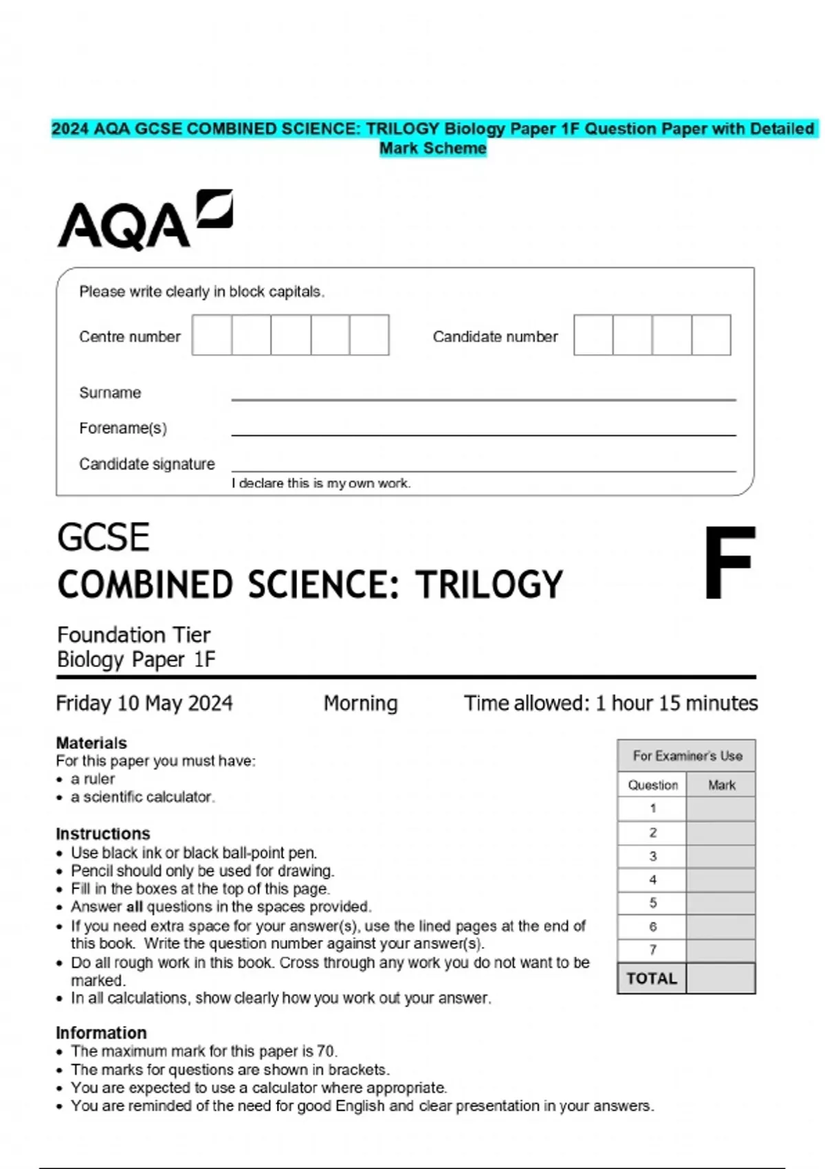2024 AQA GCSE COMBINED SCIENCE: TRILOGY Question Paper with Detailed ...