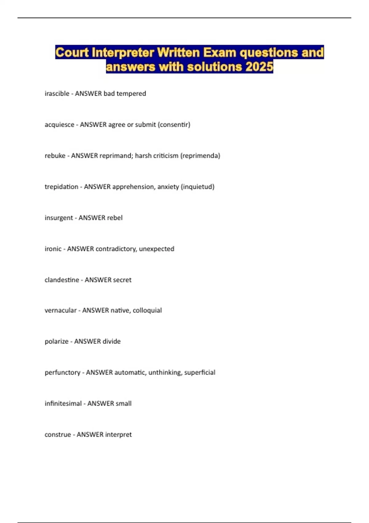 Court Interpreter Written Exam questions and answers with solutions ...