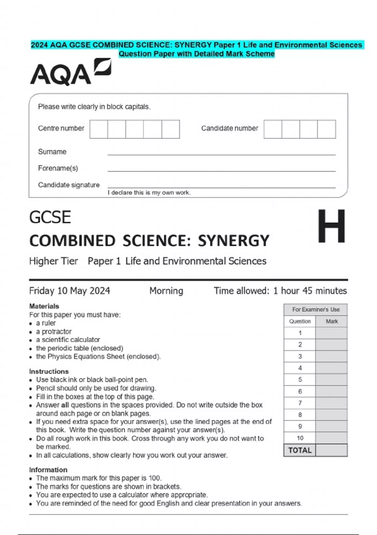 2024 AQA GCSE COMBINED SCIENCE: SYNERGY Paper 1 Life and Environmental ...
