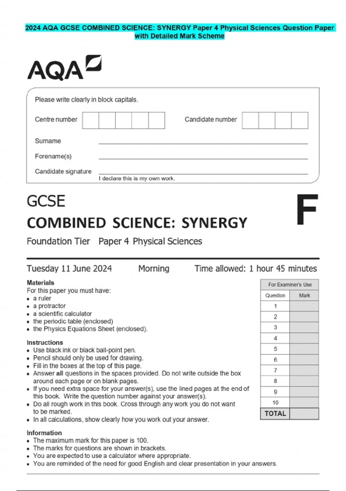 2024 AQA GCSE COMBINED SCIENCE: SYNERGY Paper 4 Physical Sciences ...