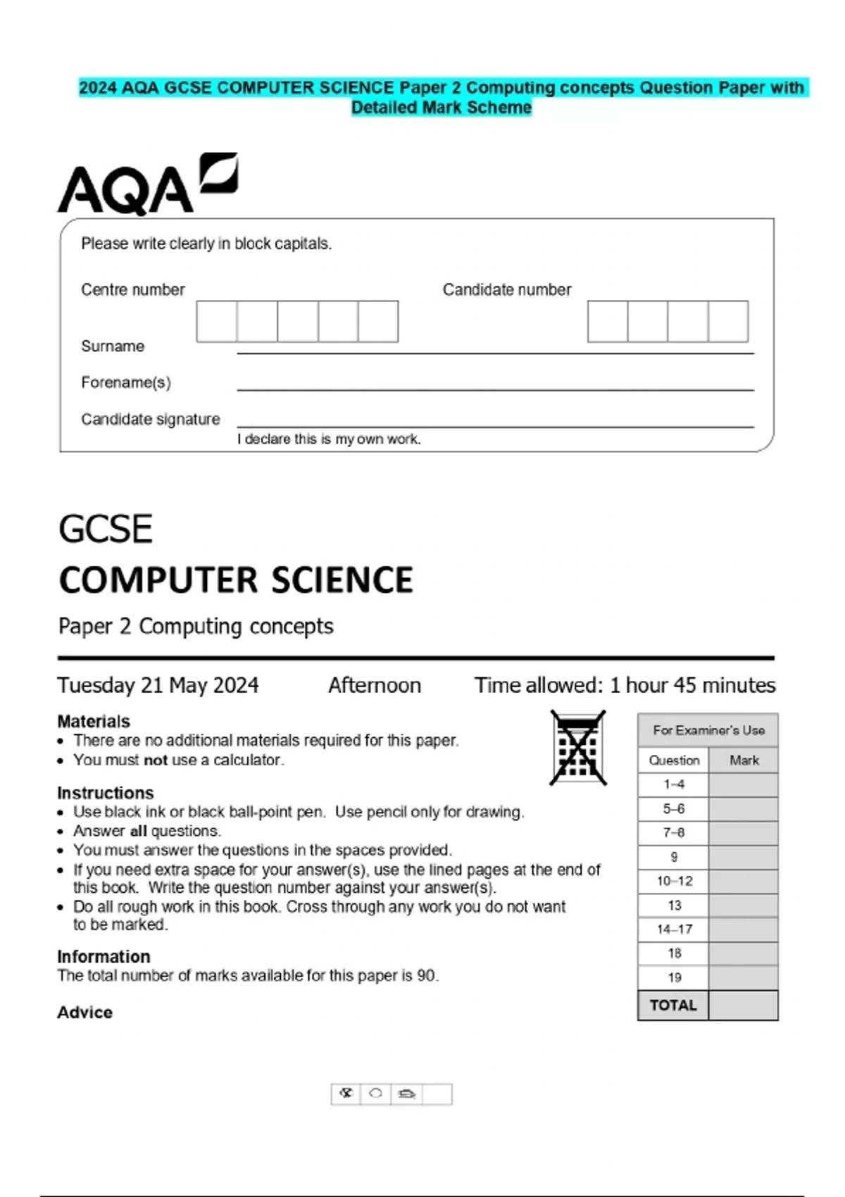2024 AQA GCSE COMPUTER SCIENCE Paper 2 Computing concepts Question ...