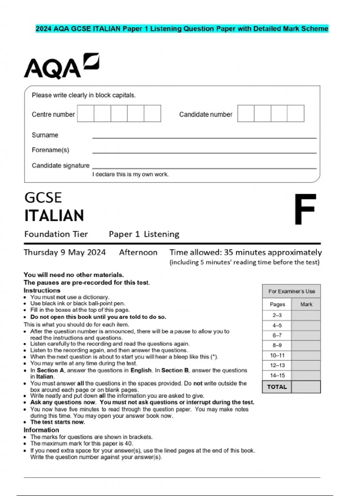 2024 AQA GCSE ITALIAN Paper 1 Listening Question Paper with Detailed ...