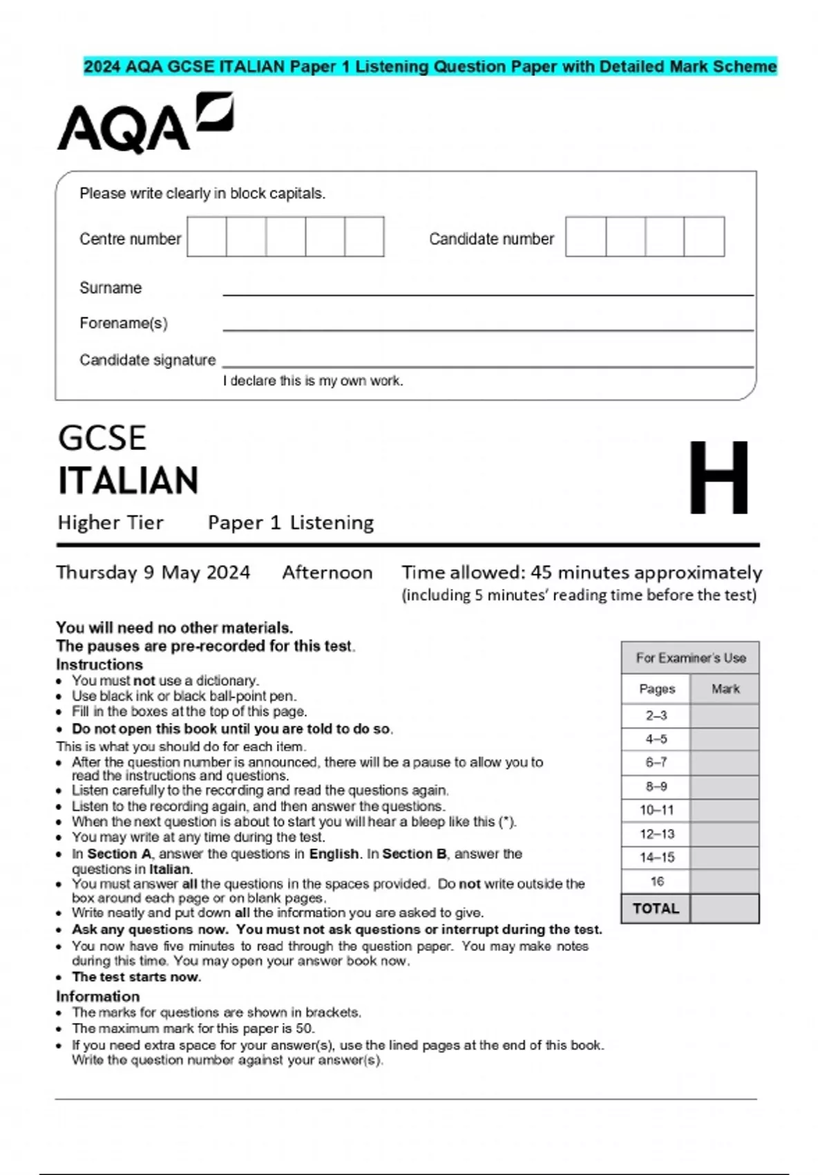 2024 AQA GCSE ITALIAN Paper 1 Listening Question Paper with Detailed ...