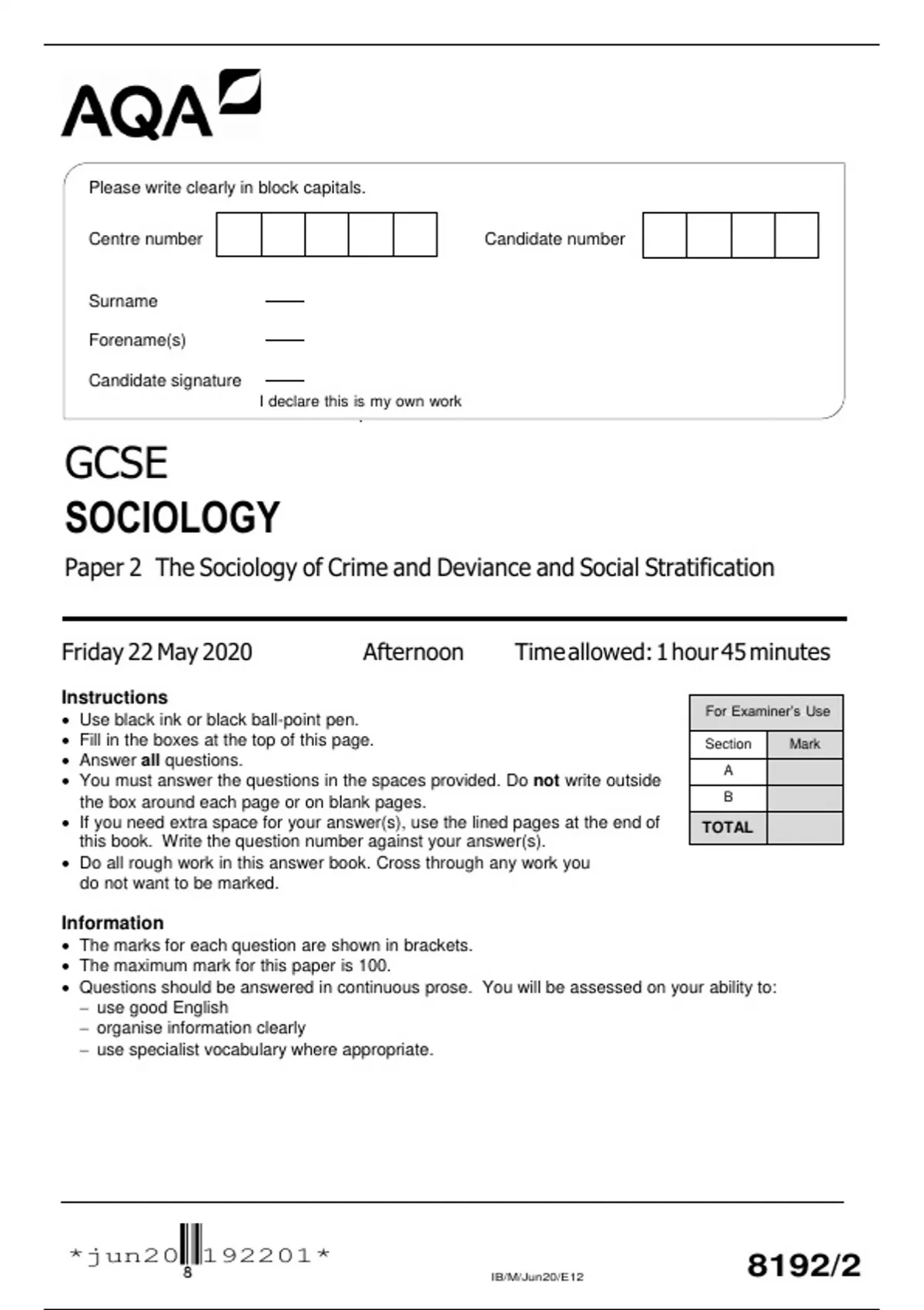 AQA GCSE SOCIOLOGY Paper 2 The Sociology of Crime and Deviance and ...