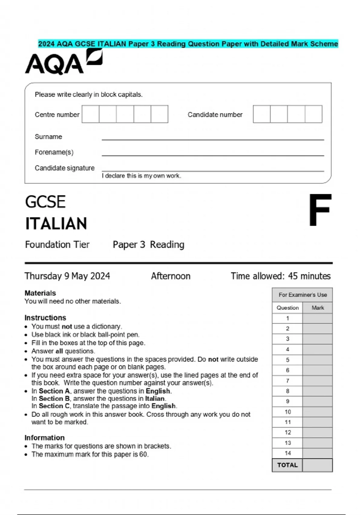 2024 AQA GCSE ITALIAN Paper 3 Reading Question Paper with Detailed Mark ...