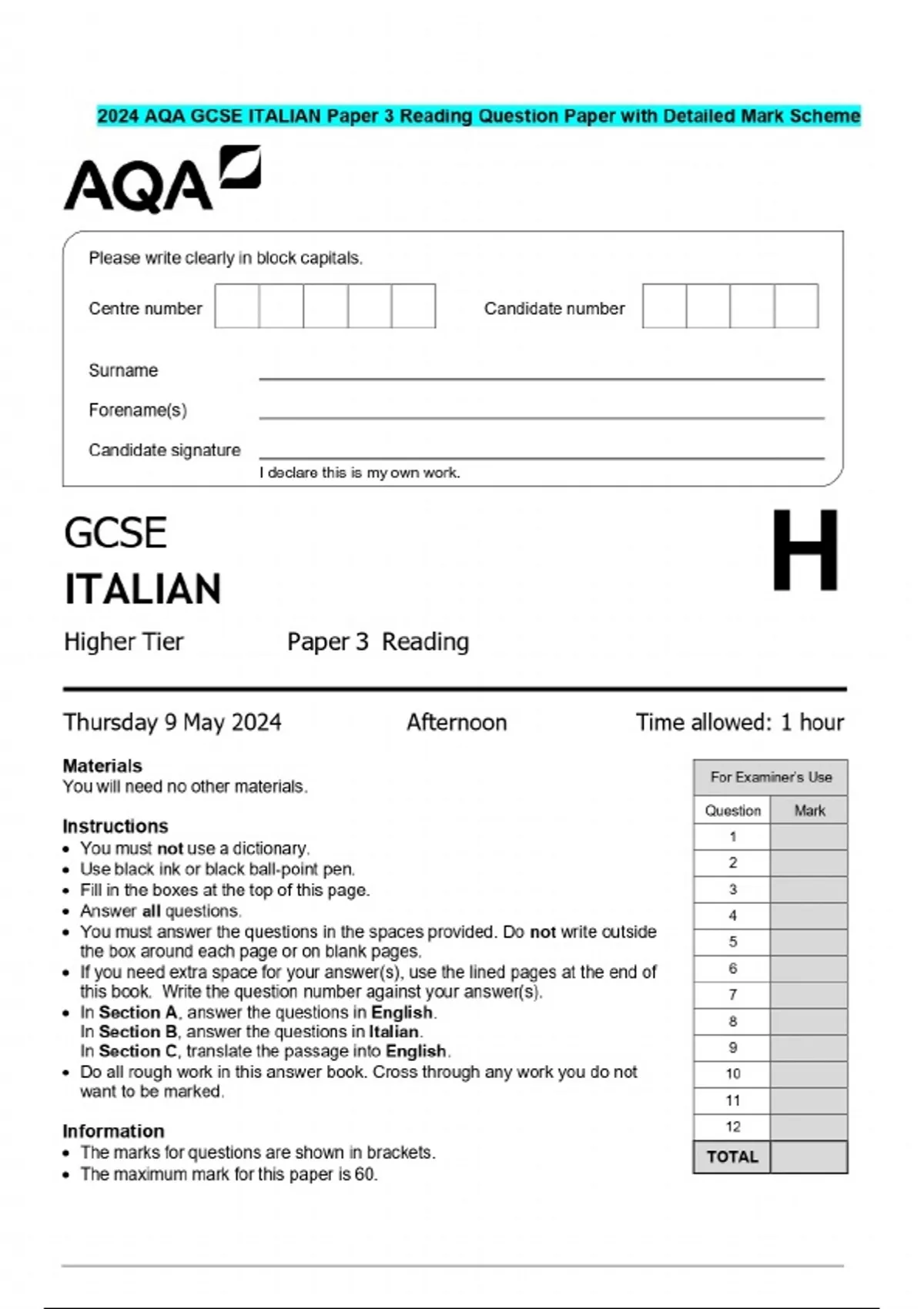 2024 AQA GCSE ITALIAN Paper 3 Reading Question Paper with Detailed Mark ...