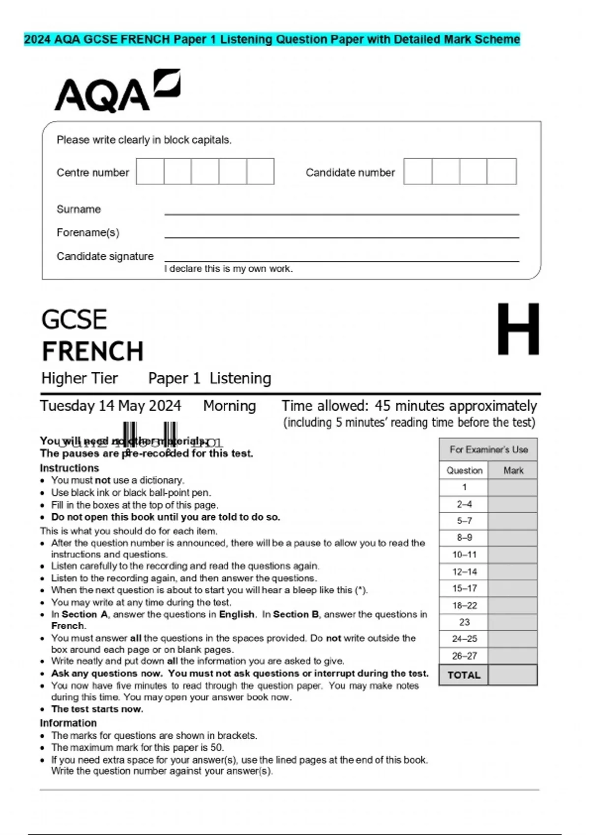 2024 AQA GCSE FRENCH Question Paper with Detailed Mark Scheme - Stuvia US