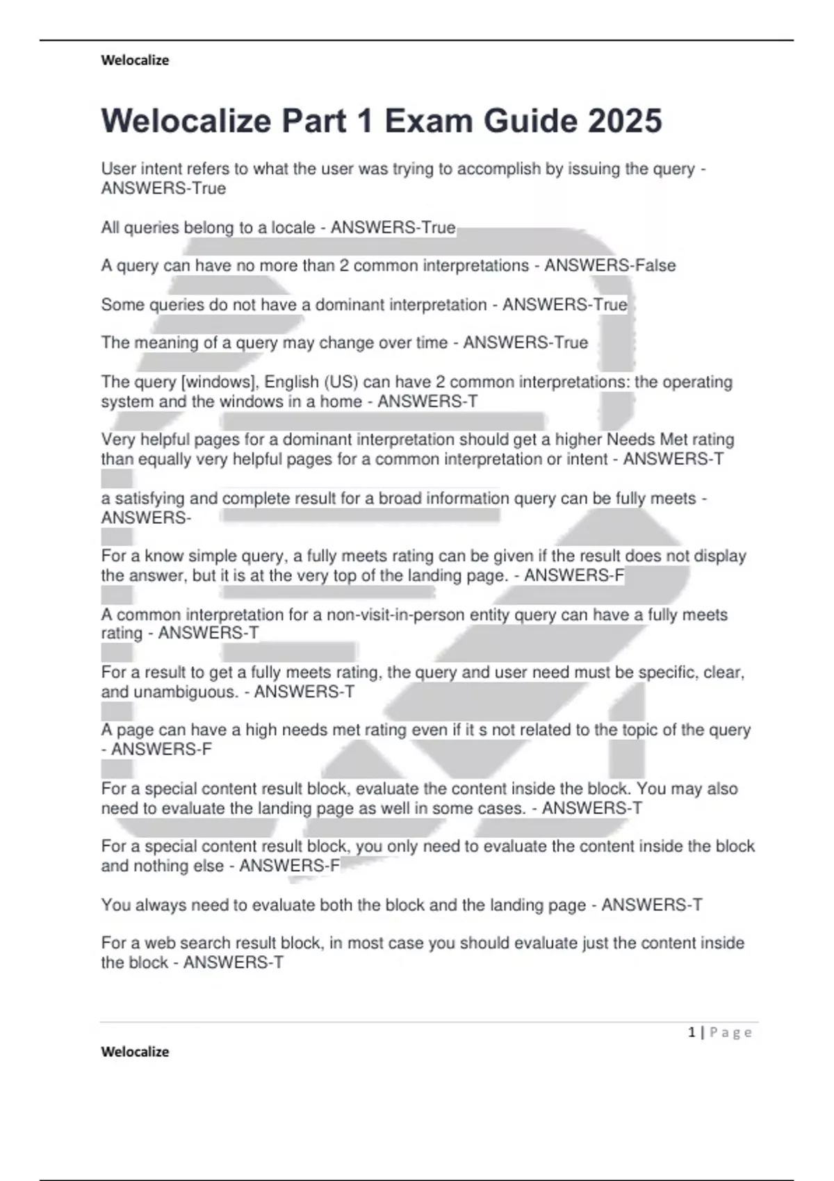 Welocalize Part 1 Exam Guide 2025 - Welocalize - Stuvia US