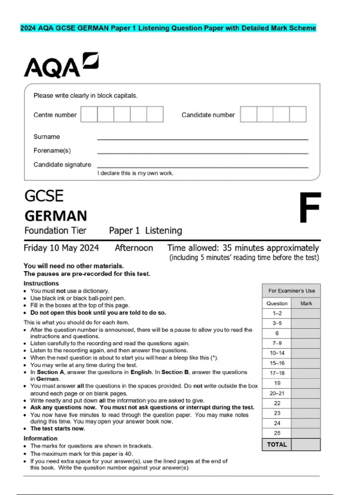 2024 AQA GCSE GERMAN Question Paper with Detailed Mark Scheme - Stuvia US