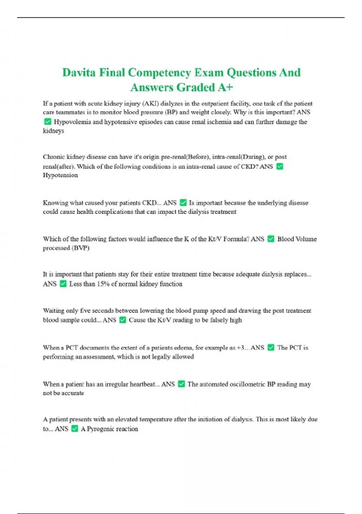 Davita Final Competency Exam Questions And Answers Graded A+ - Davita Competency - Stuvia US