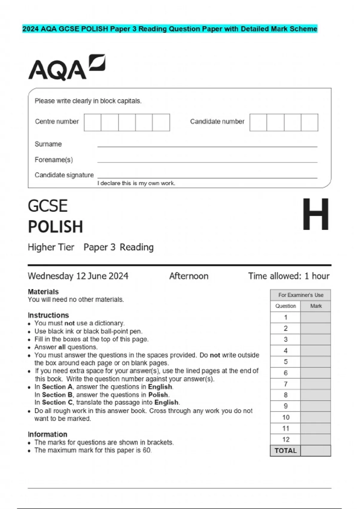 2024 AQA GCSE POLISH Paper 3 Reading Question Paper with Detailed Mark ...