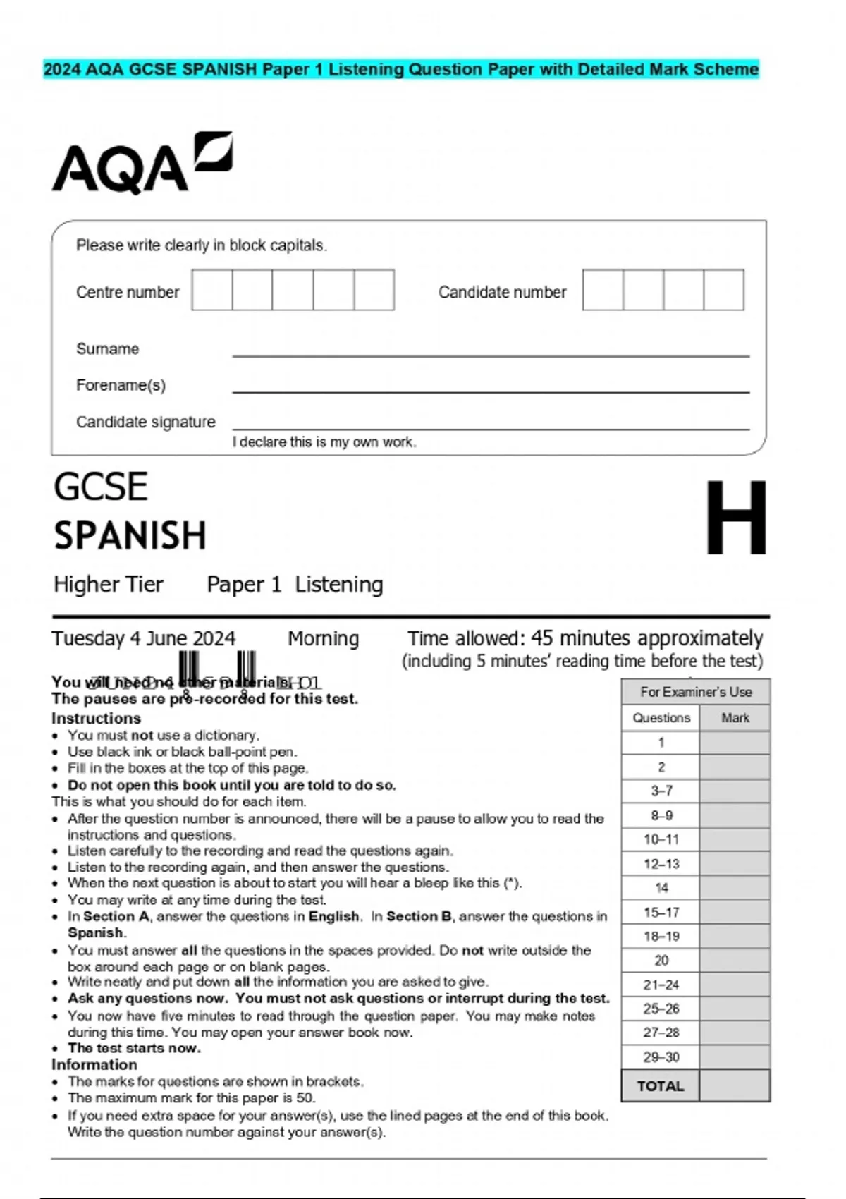 2024 AQA GCSE SPANISH Paper 1 Listening Question Paper with Detailed ...