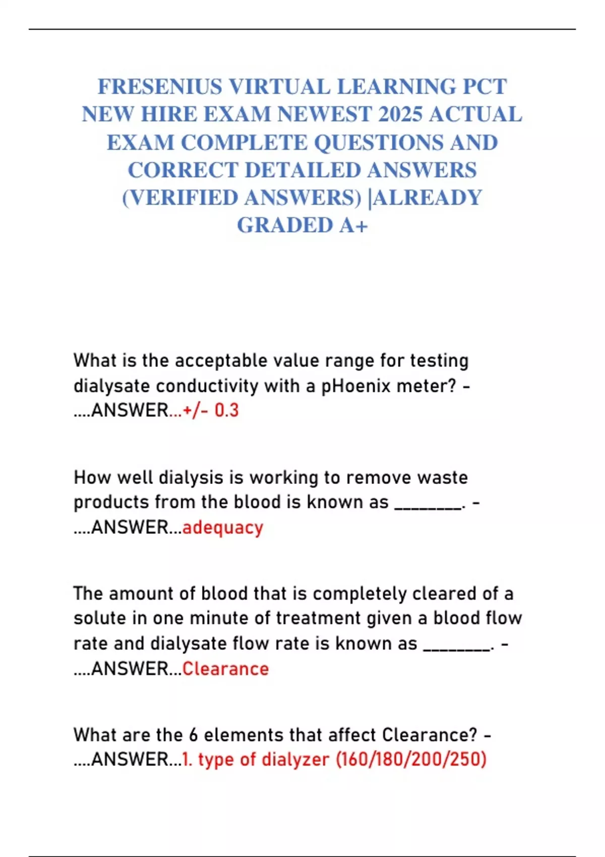 FRESENIUS VIRTUAL LEARNING PCT NEW HIRE EXAM NEWEST 2025 ACTUAL EXAM ...