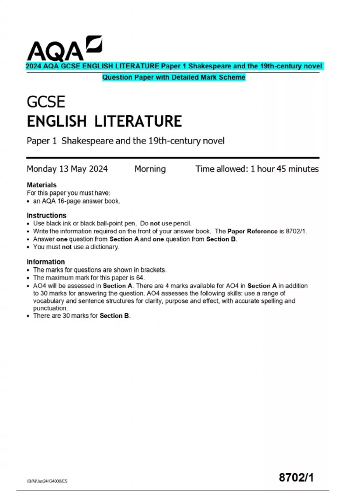 2024 AQA GCSE ENGLISH LITERATURE Paper 1 Shakespeare and the 19th ...