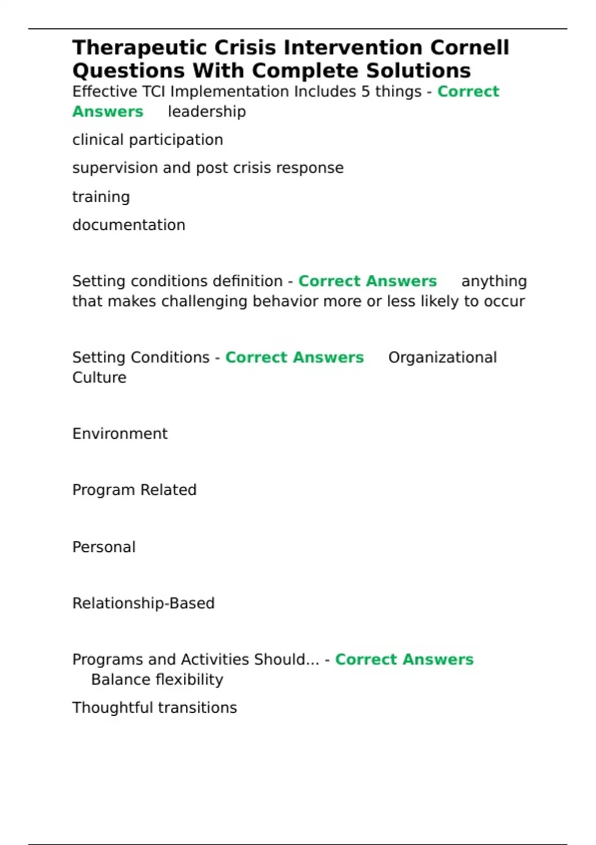 Summary Therapeutic Crisis Intervention Cornell Questions With Complete ...
