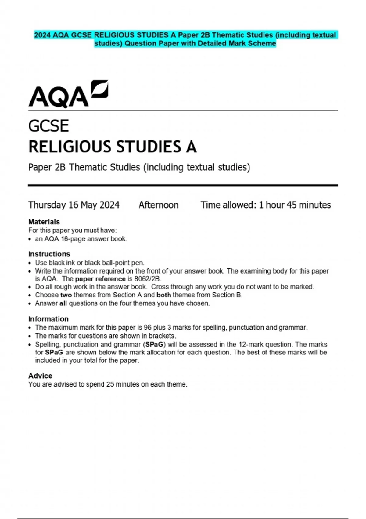 2024 AQA GCSE RELIGIOUS STUDIES A Paper 2B Thematic Studies (including ...