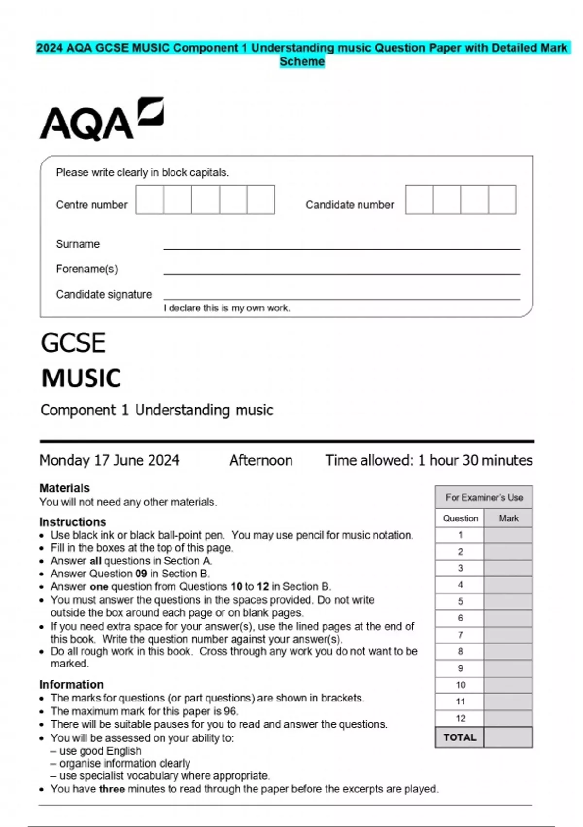 2024 AQA GCSE MUSIC Component 1 Understanding music Question Paper with ...
