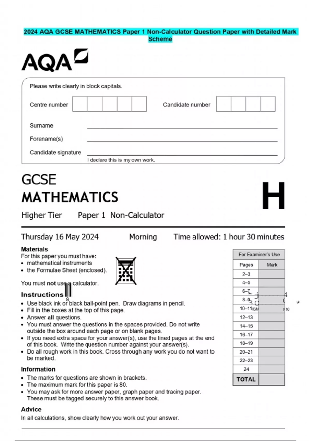 2024 AQA GCSE MATHEMATICS Paper 1 Non-Calculator Question Paper with ...