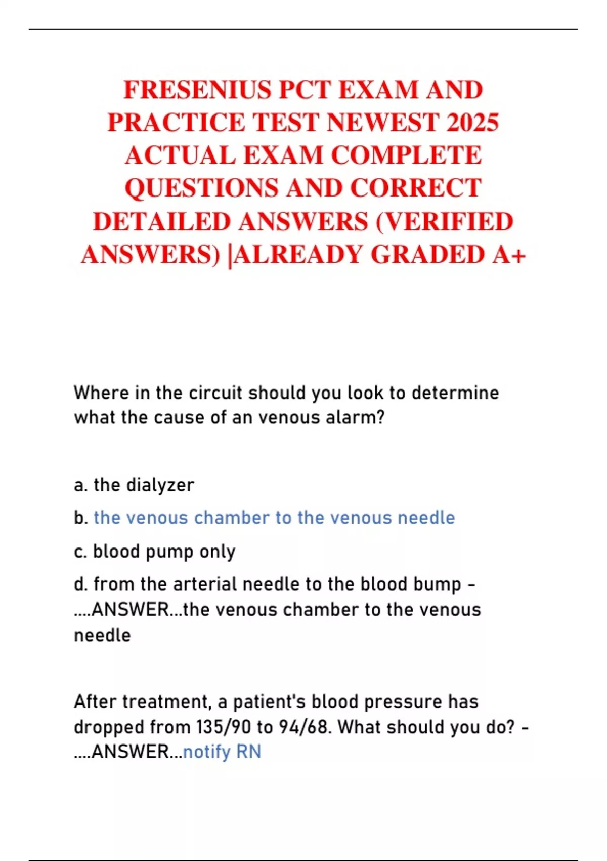 FRESENIUS PCT EXAM AND PRACTICE TEST NEWEST 2025 ACTUAL EXAM COMPLETE ...