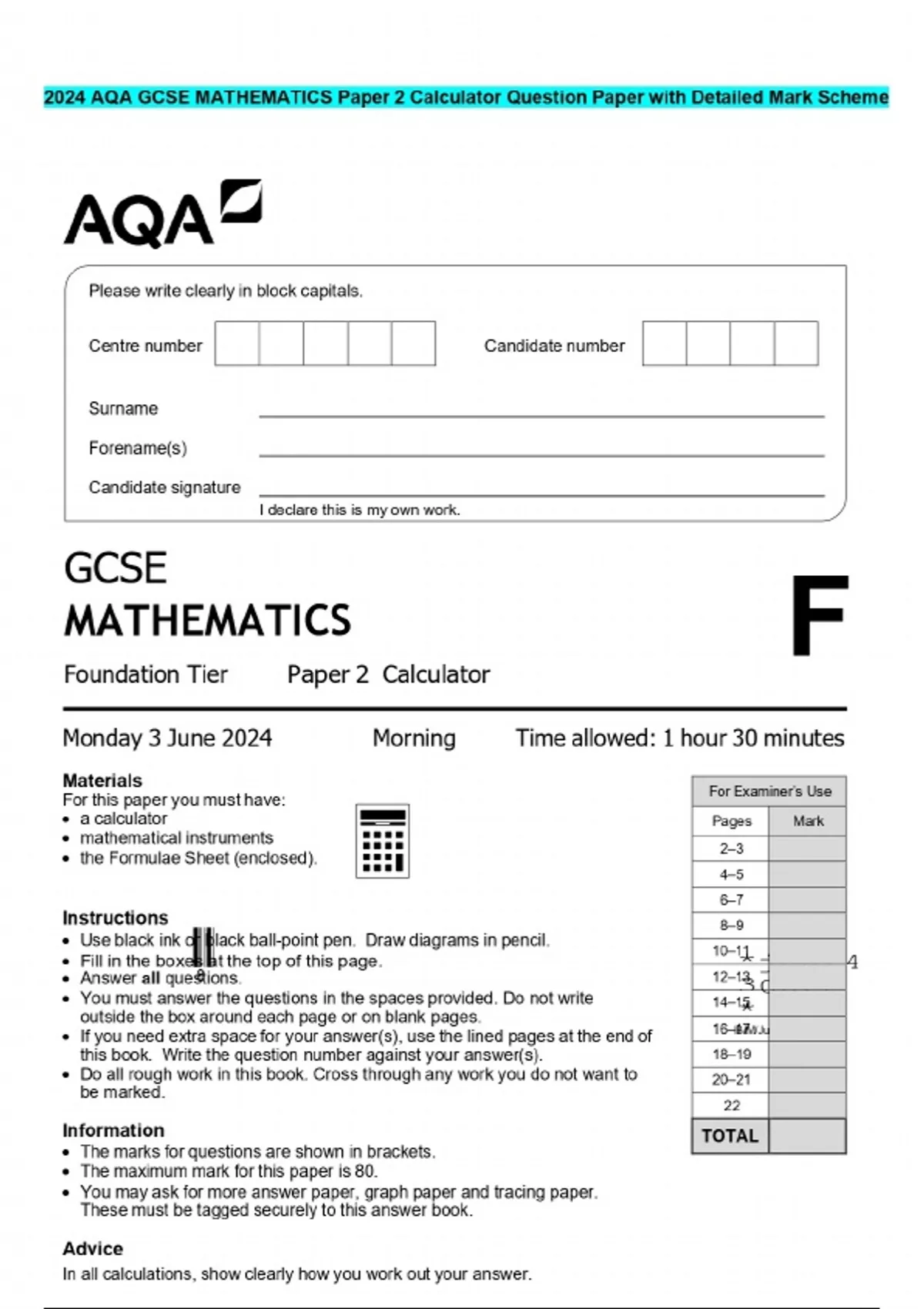 2024 AQA GCSE MATHEMATICS Paper 2 Calculator Question Paper with ...