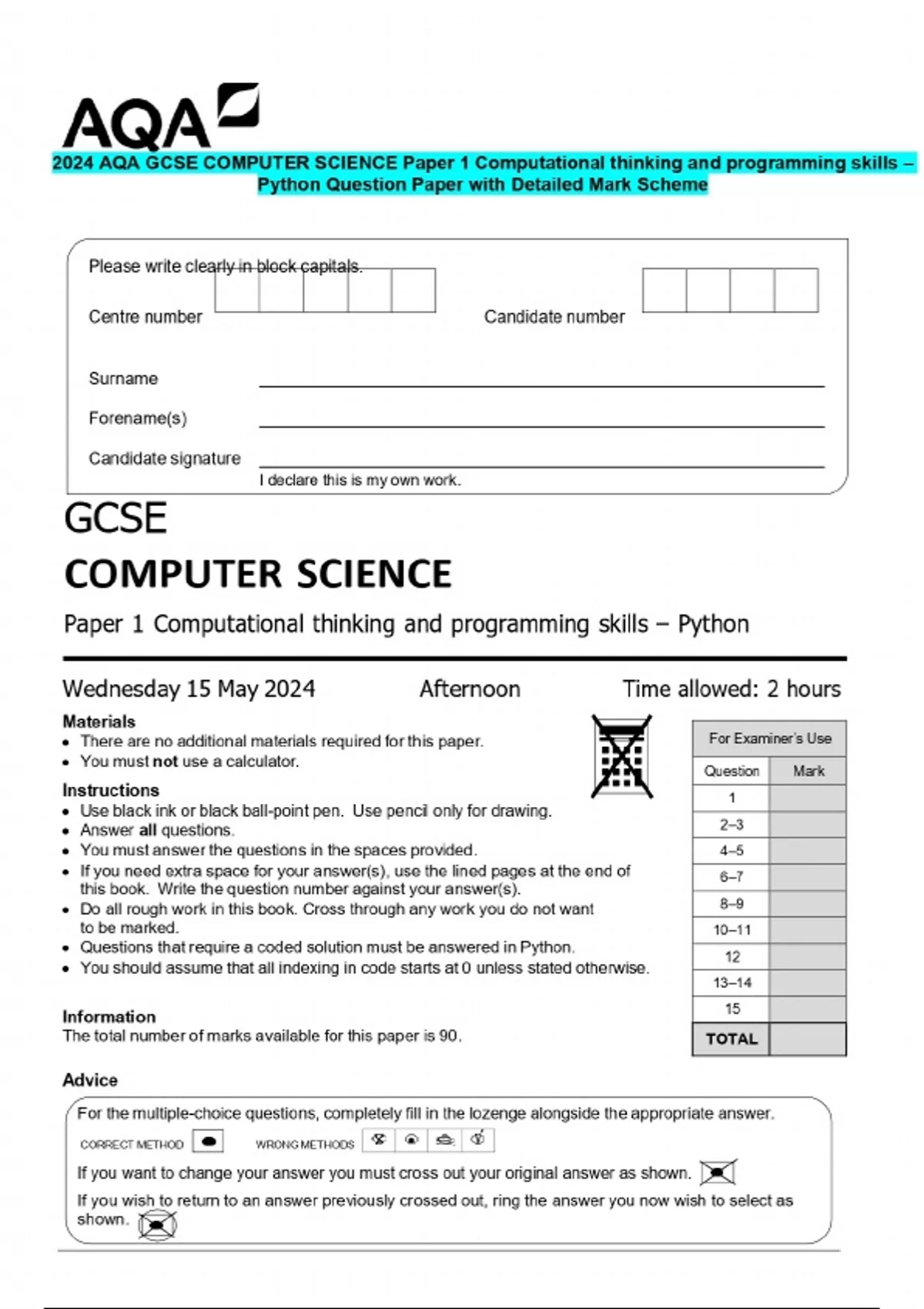 2024 AQA GCSE COMPUTER SCIENCE Paper 1 Computational thinking and programming skills – Python ...