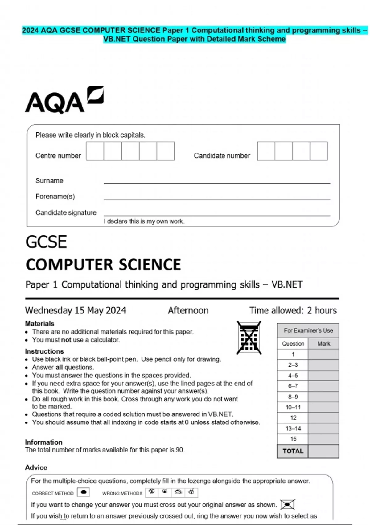 2024 AQA GCSE COMPUTER SCIENCE Paper 1 Computational thinking and programming skills – VB.NET ...