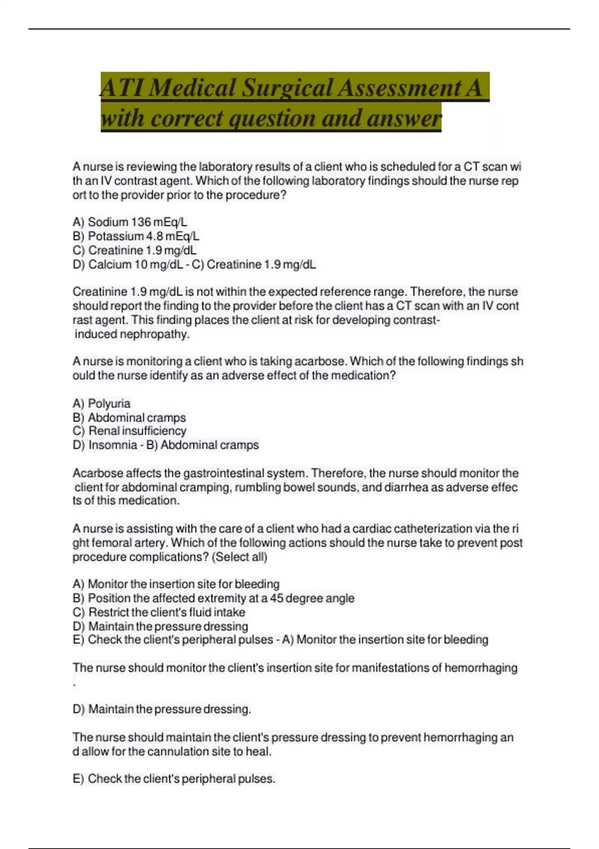 ATI Medical Surgical Assessment A with correct question and answer ...