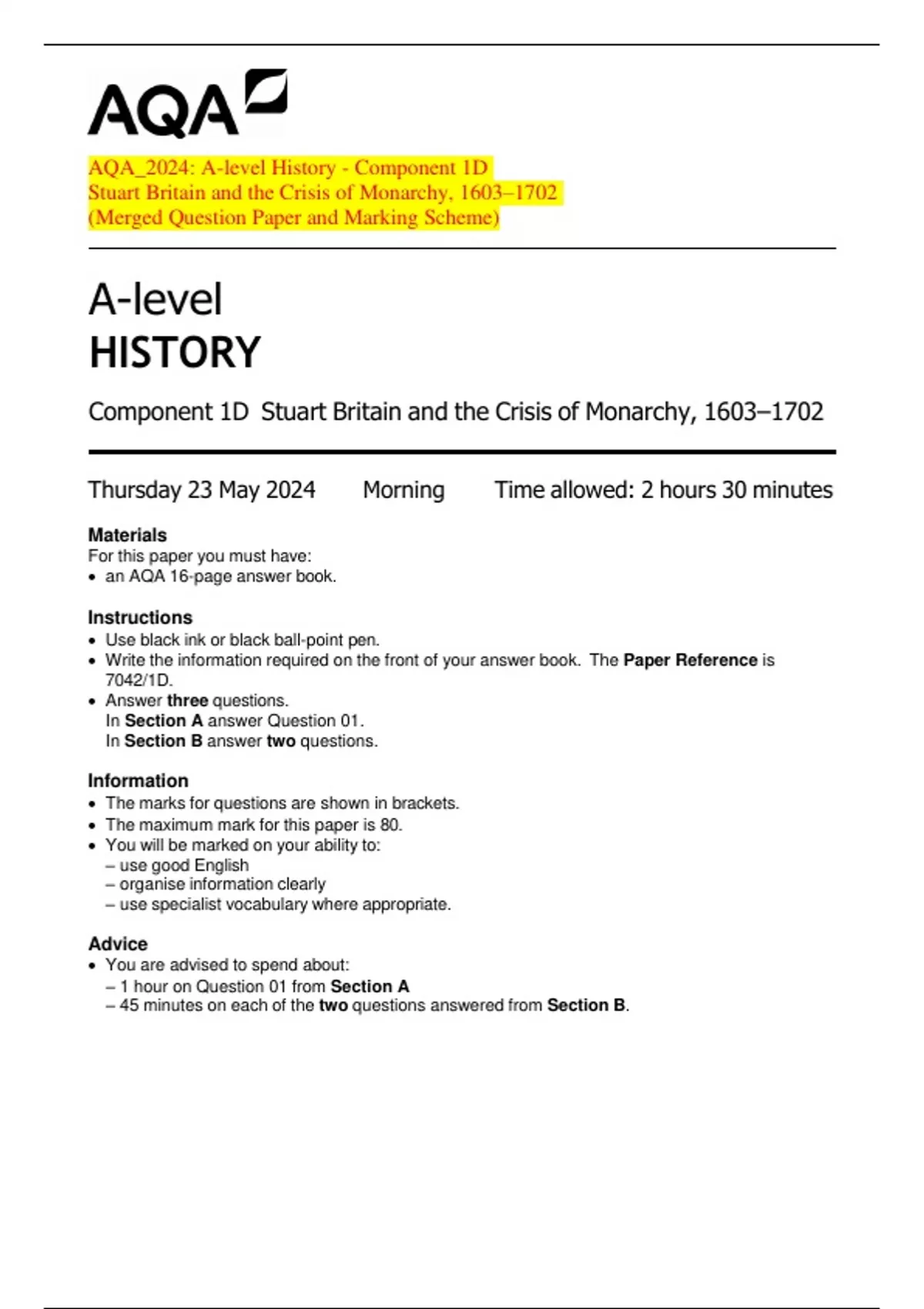 AQA_2024: A-level History - Component 1D Stuart Britain and the Crisis ...