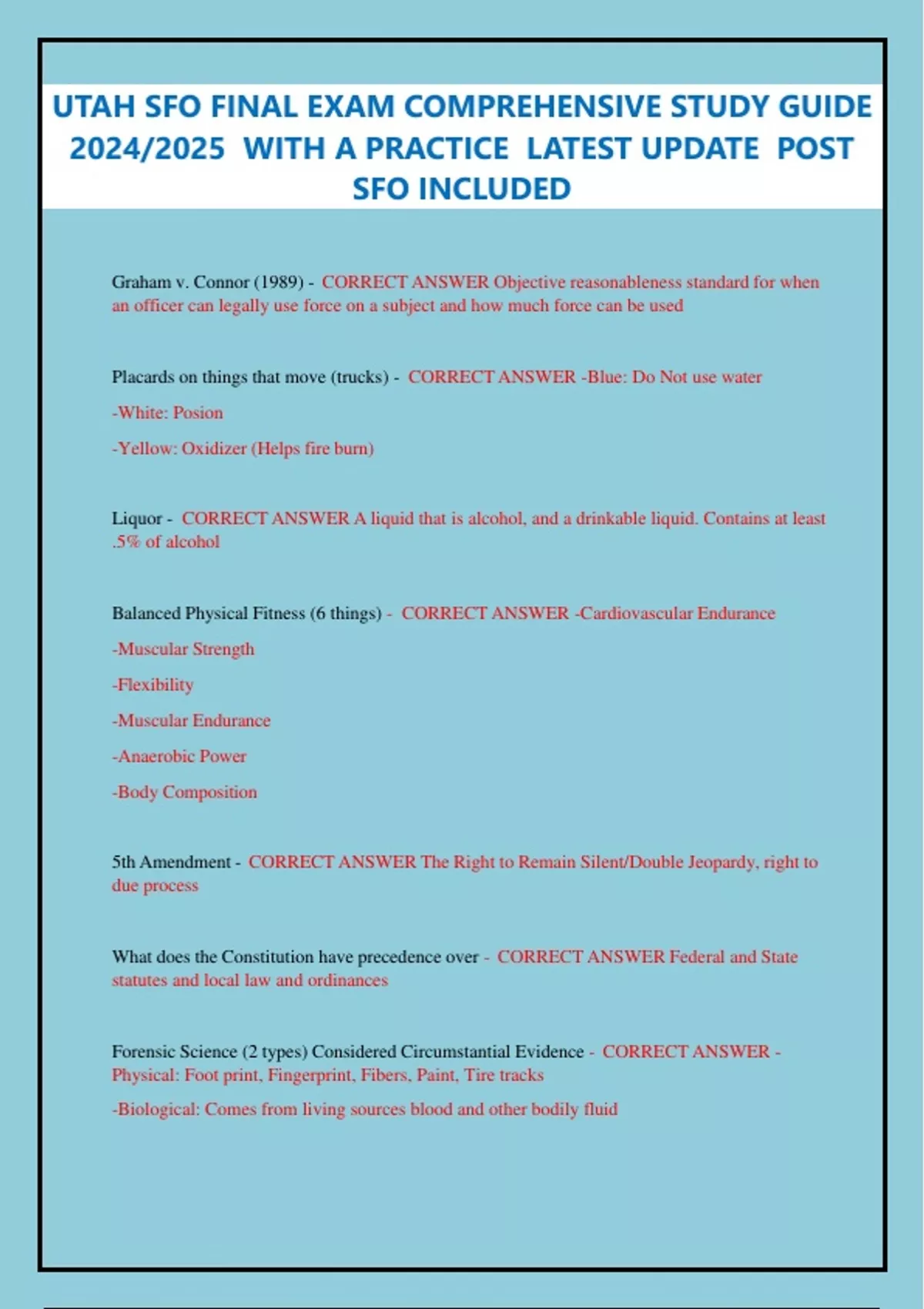 UTAH SFO FINAL EXAM COMPREHENSIVE STUDY GUIDE 2024/2025 WITH A PRACTICE ...