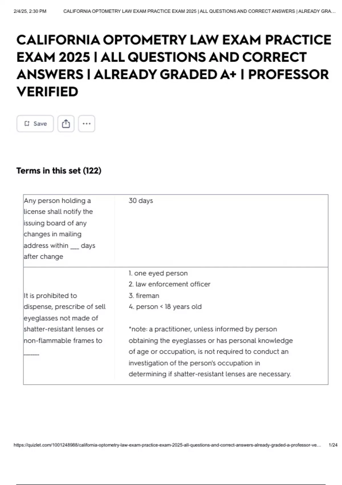CALIFORNIA OPTOMETRY LAW EXAM 2025 | ALL QUESTIONS AND CORRECT ANSWERS | ALREADY GRADED A+ ...