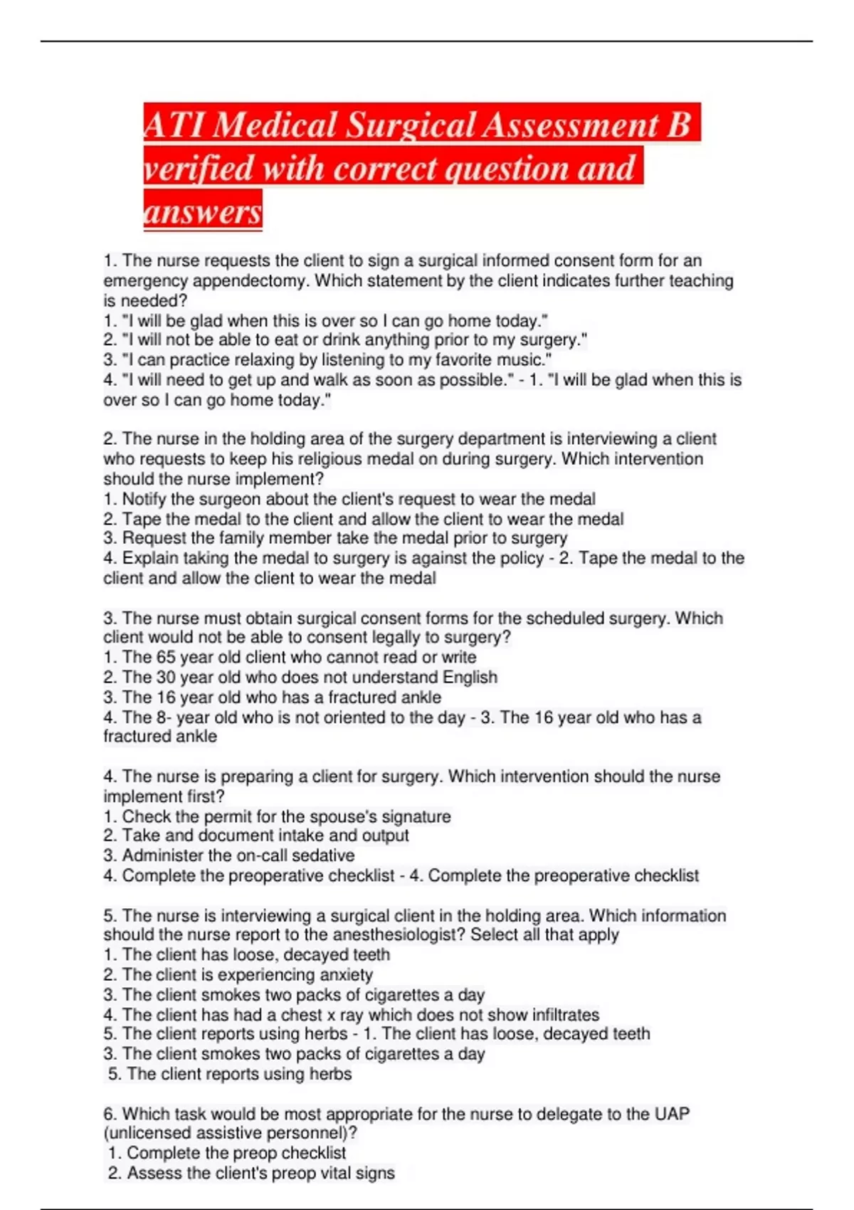 ATI Medical Surgical Assessment B verified with correct question and ...