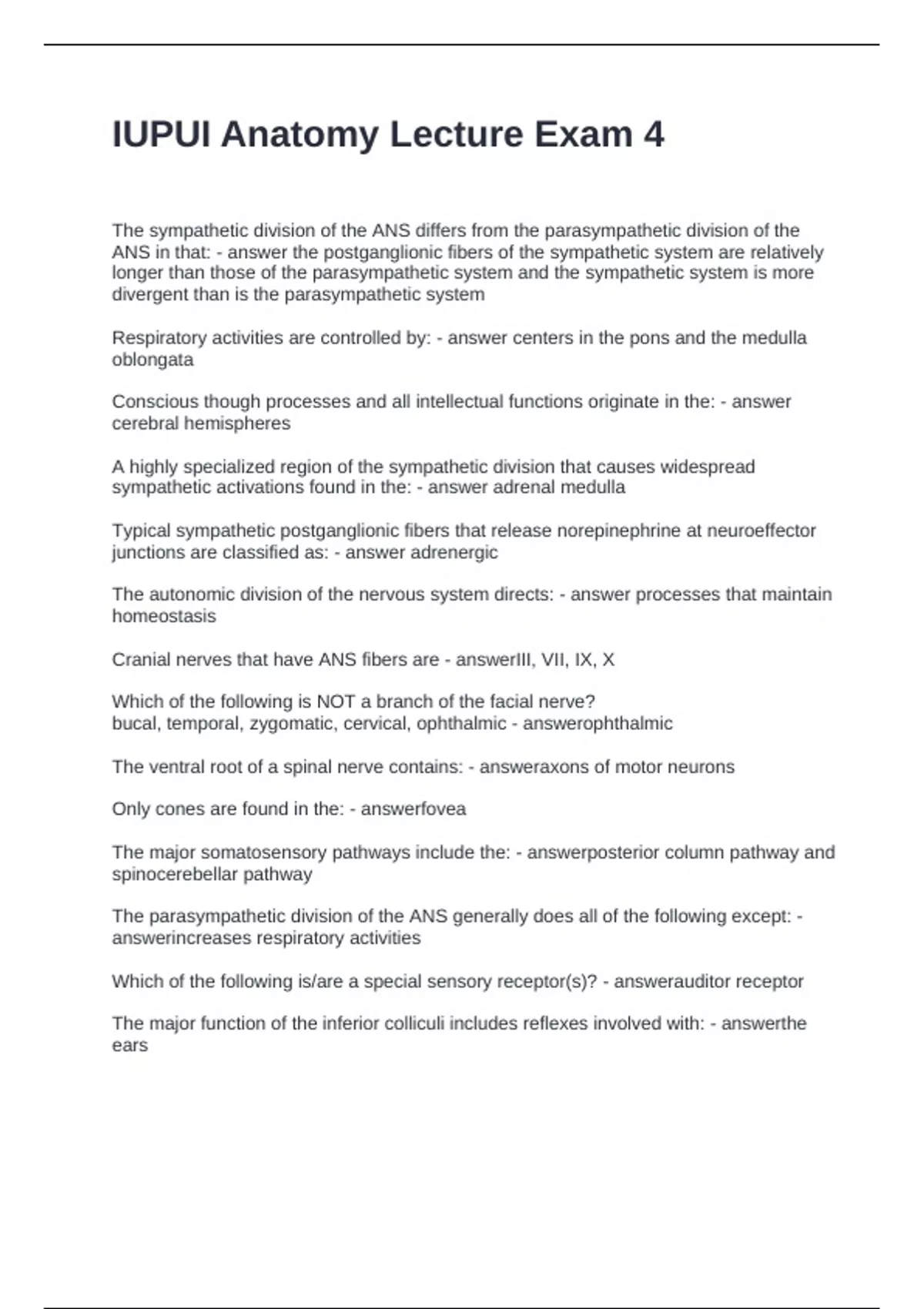 IUPUI Anatomy Lecture Exam 4 Questions and Answers 100% Correct - IUPUI ...