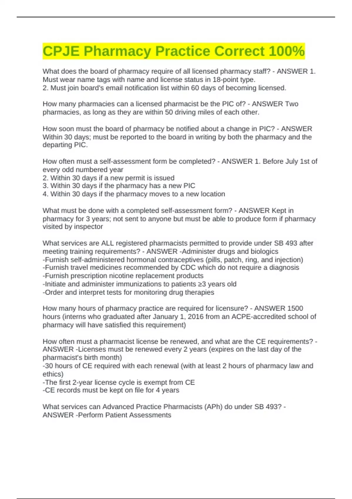 CPJE Pharmacy Practice Correct 100% - CPJE - Stuvia US