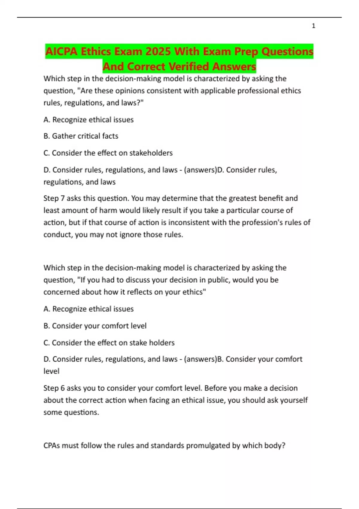 AICPA Ethics Exam 2025 With Exam Prep Questions And Correct Verified ...