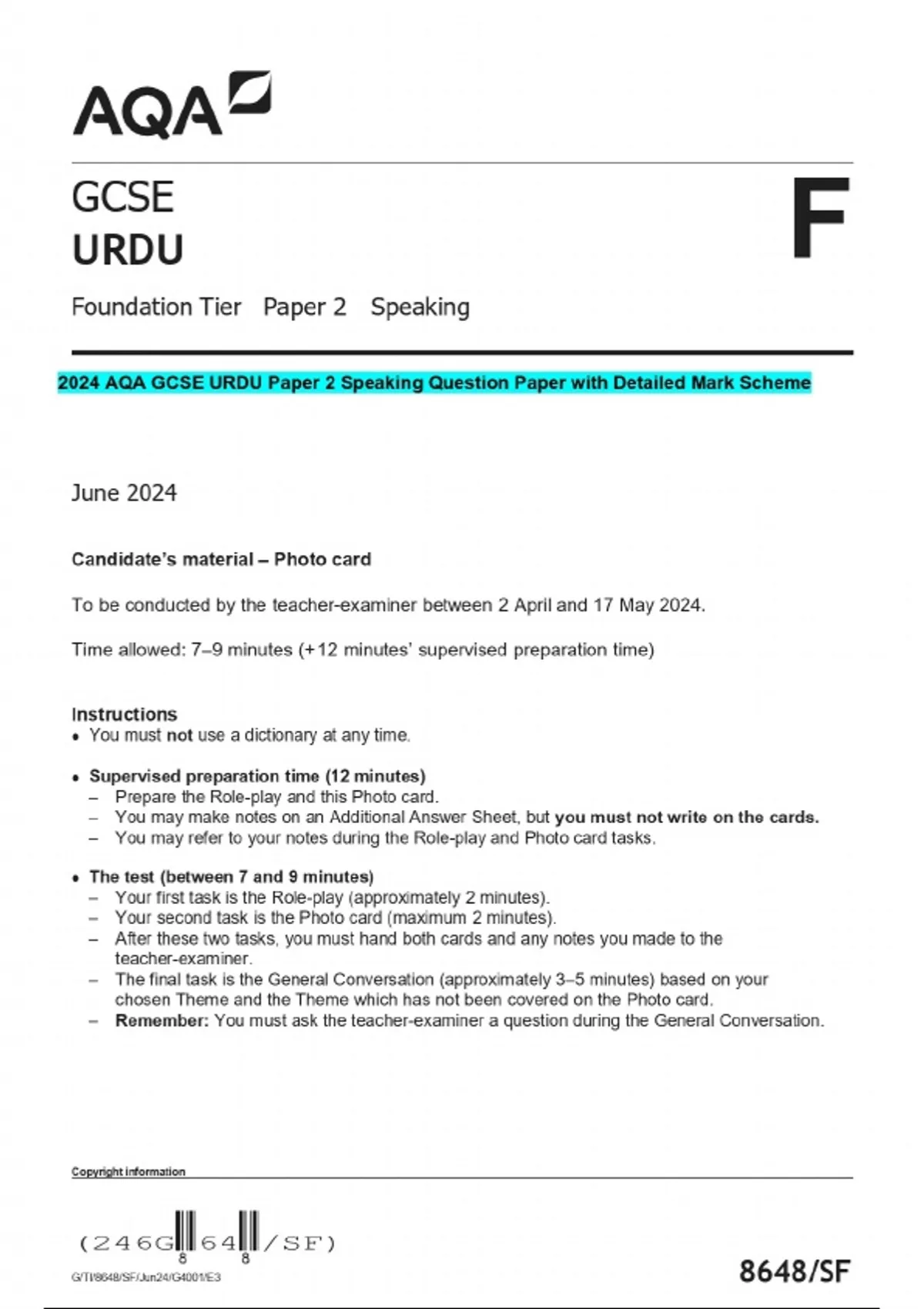 2024 AQA GCSE URDU Paper 2 Speaking Question Paper with Detailed Mark ...