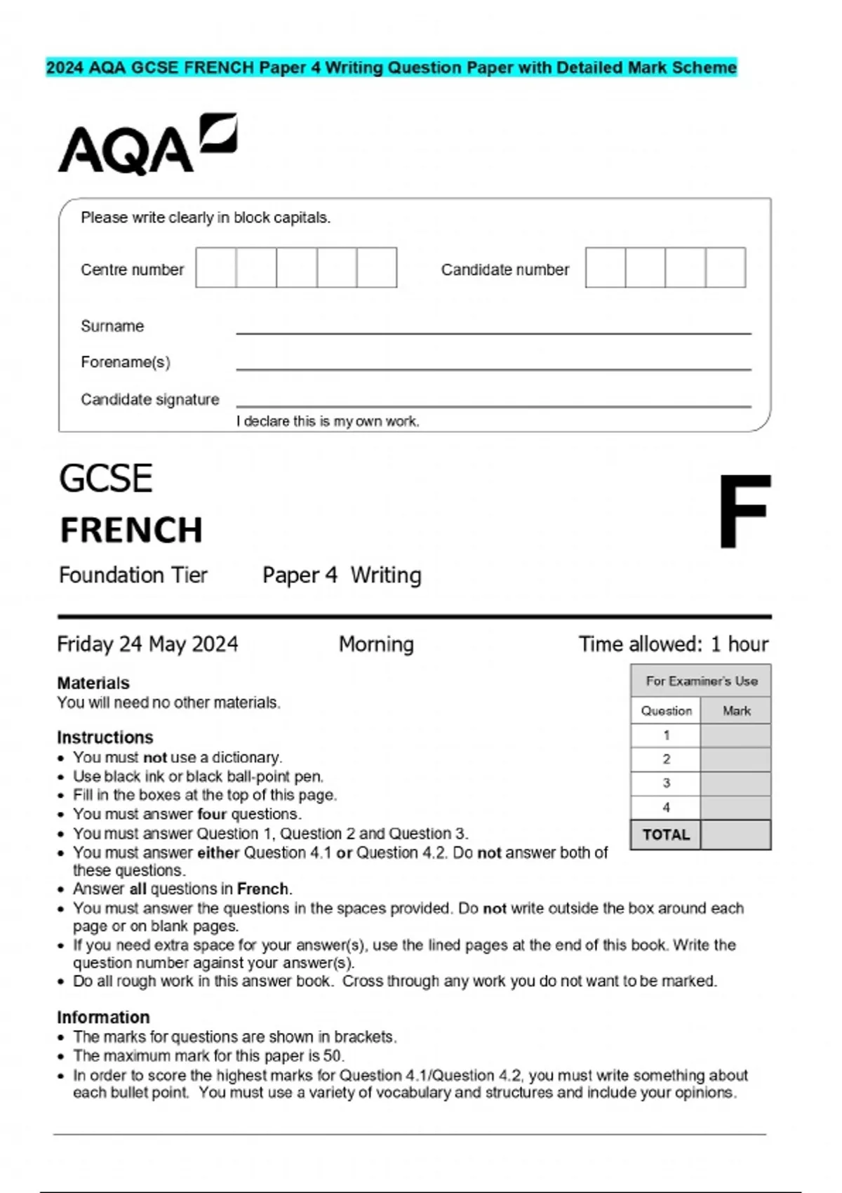 2024 AQA GCSE FRENCH Paper 4 Writing Question Paper with Detailed Mark ...
