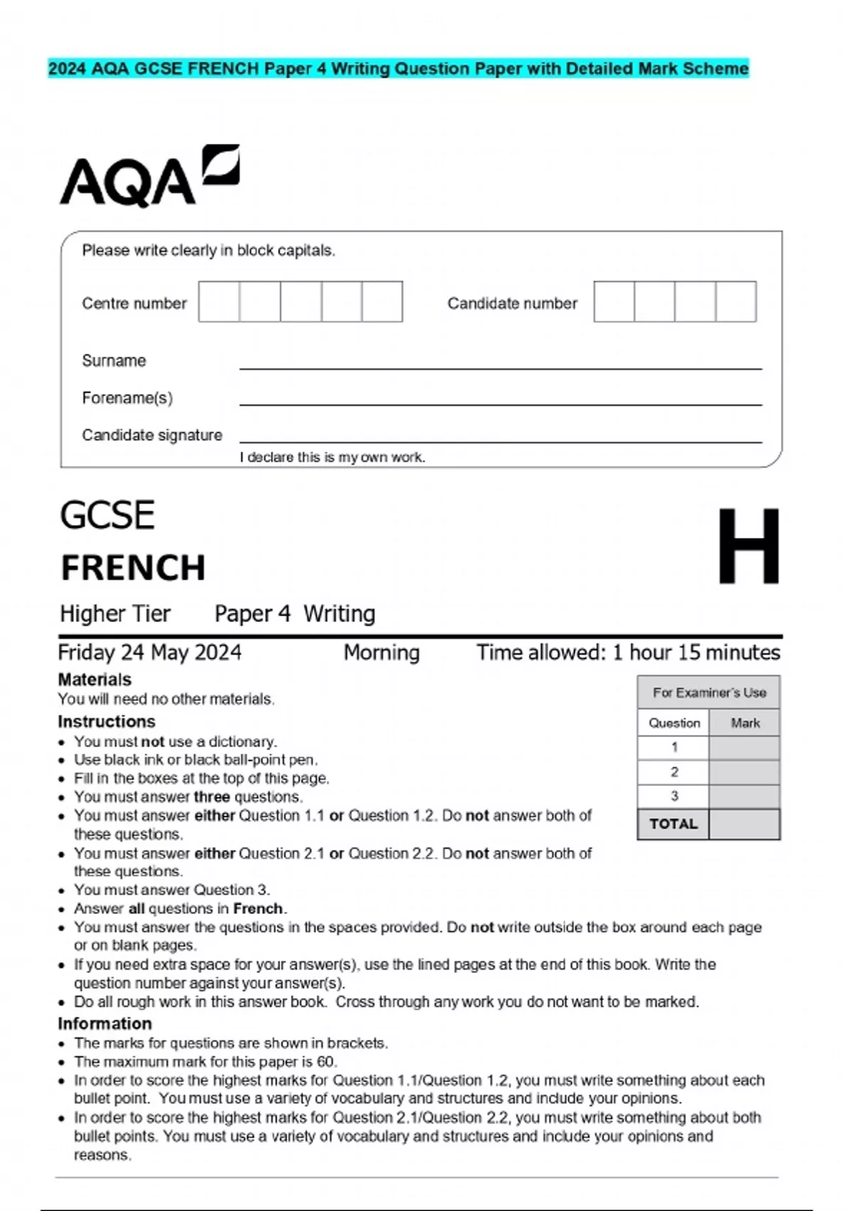2024 AQA GCSE FRENCH Paper 4 Writing Question Paper with Detailed Mark ...