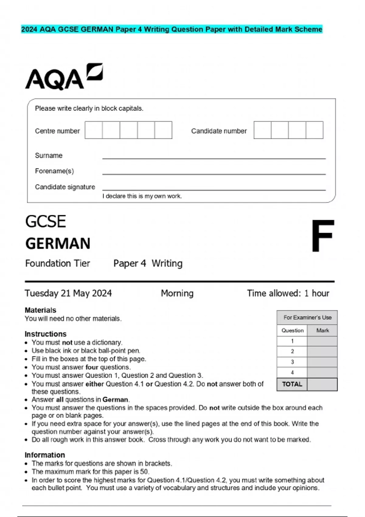 2024 AQA GCSE GERMAN Paper 4 Writing Question Paper with Detailed Mark ...