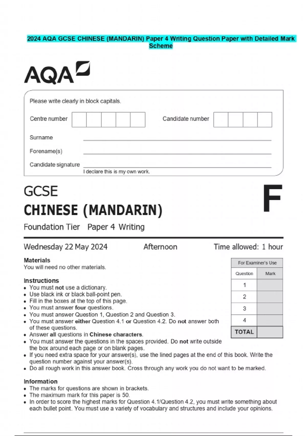 2024 AQA GCSE CHINESE (MANDARIN) Paper 4 Writing Question Paper with ...
